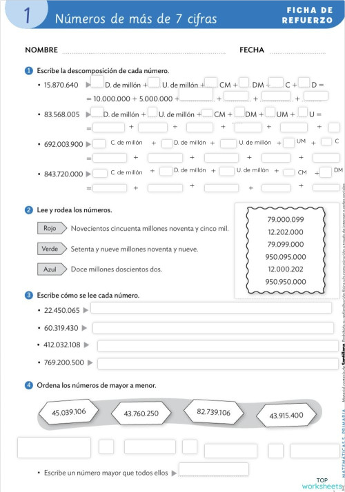 Números de más de 7 cifras. Ficha interactiva | TopWorksheets