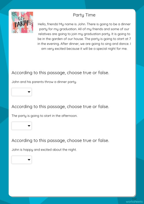 Party Time. Interactive worksheet | TopWorksheets