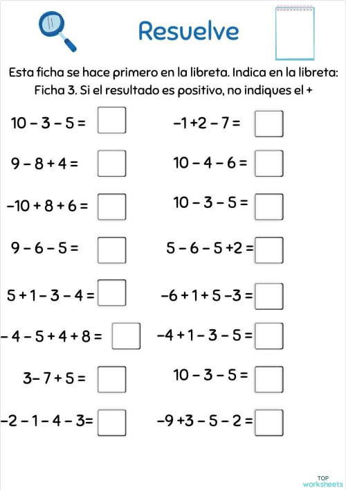 3. Sumas y restas de Enteros con más de dos términos. Nivel avanzado. Hacer si en la ficha 2 has ...