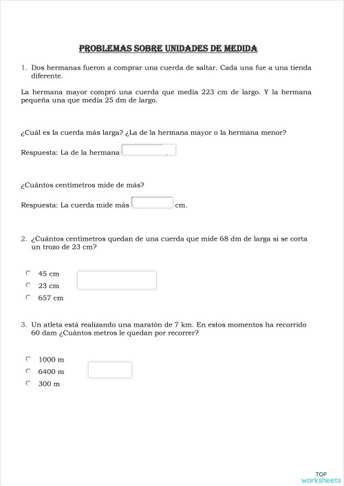 PROBLEMAS UNIDADES DE MEDIDA. Ficha interactiva | TopWorksheets