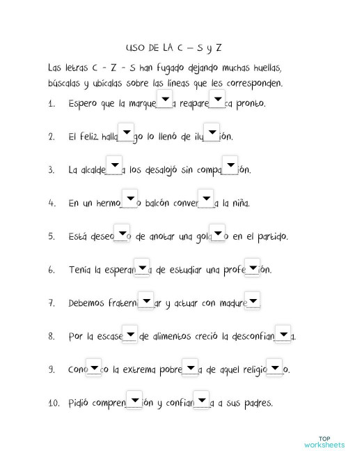 USO DE LA C, S , Z. Ficha interactiva | TopWorksheets
