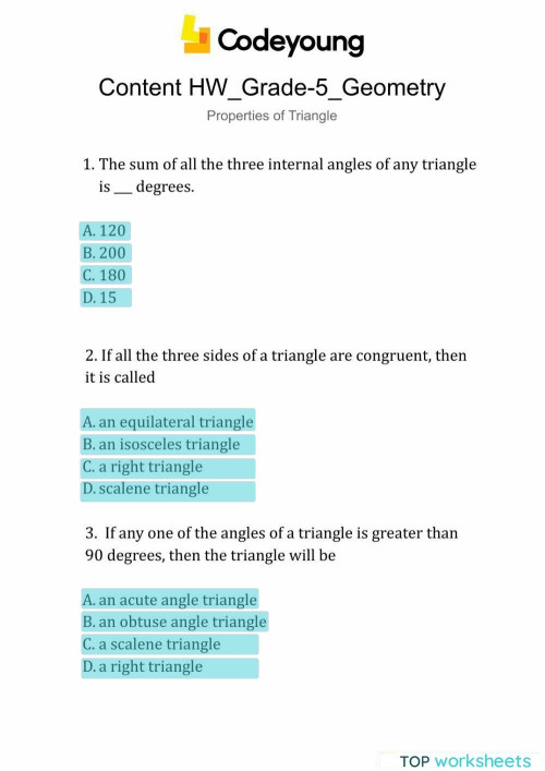 Content-HW-Properties of Triangle. Interactive worksheet | TopWorksheets