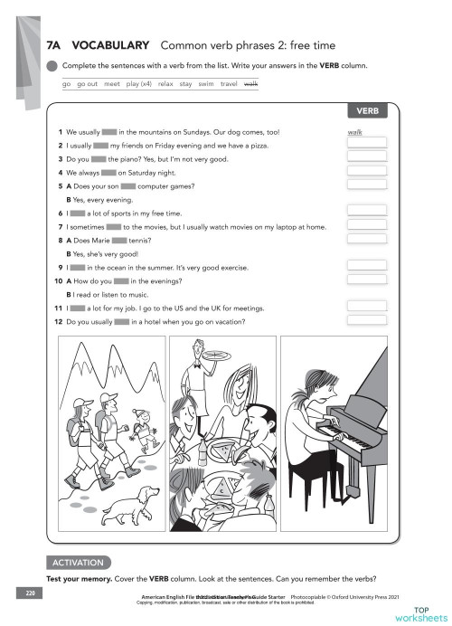 Common verb phrases 2: free time. Interactive worksheet | TopWorksheets