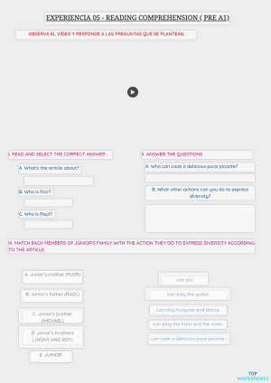 EXPERIENCIA 05 - READING COMPREHENSION (PRE A1). Ficha interactiva ...