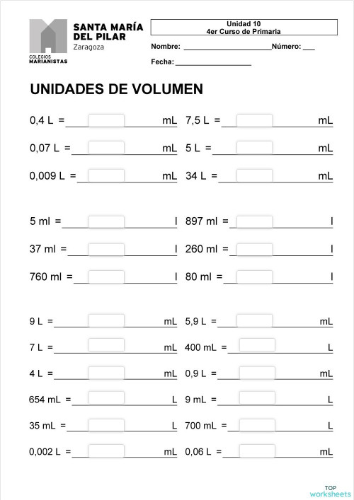 Unidades de Capacidad. Ficha interactiva | TopWorksheets