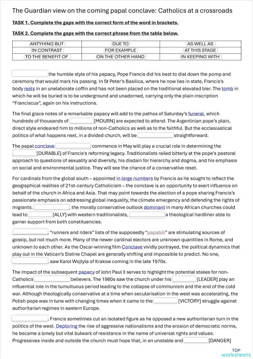 pope / conclave. Interactive worksheet | TopWorksheets