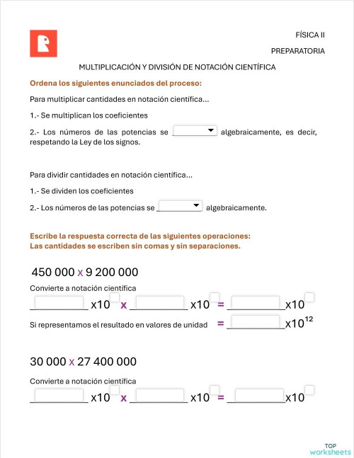 Multiplicación y división de notación científica. Ficha interactiva | TopWorksheets