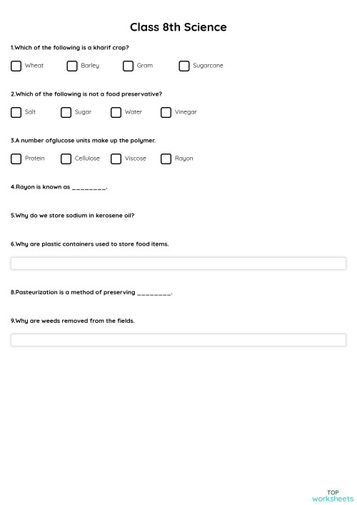 Class 8th Science. Interactive worksheet | TopWorksheets