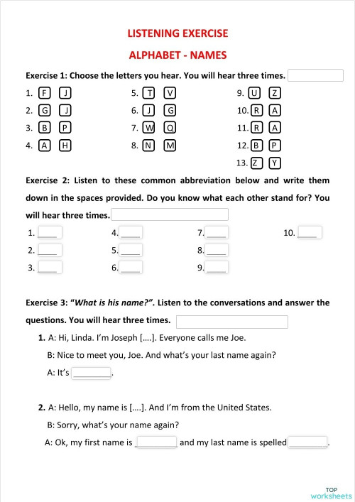 Listening Alphabet + Names (With audio). Interactive worksheet ...