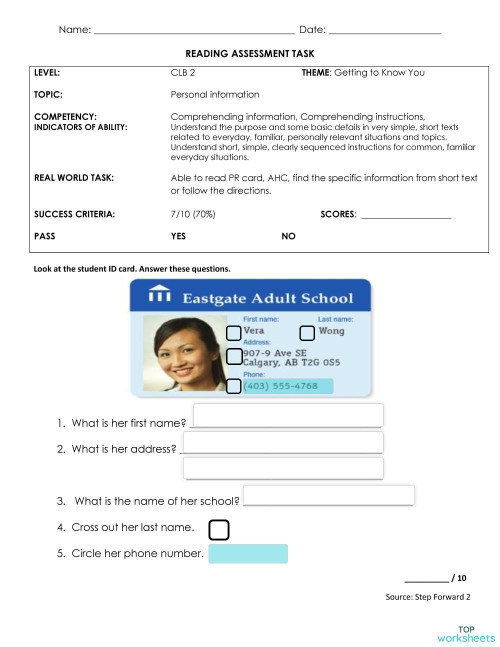 CLB 2 Reading Assessment Personal Info. Interactive worksheet ...