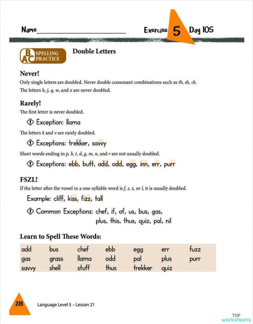 Lesson 21: Pg 218-220 Ex 5 Double Letters. Interactive worksheet ...