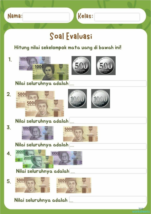 SOAL EVALUASI KELAS 3 SD MATEMATIKA MENGENAL PECAHAN UANG. Lembar kerja ...
