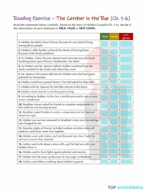 Reading Ex. - The Catcher in the Rye (Ch. 1-6). Interactive worksheet ...
