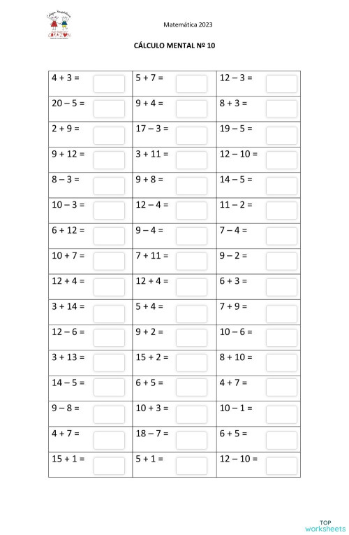 CÁLCULO MENTAL N° 10. Ficha interactiva | TopWorksheets
