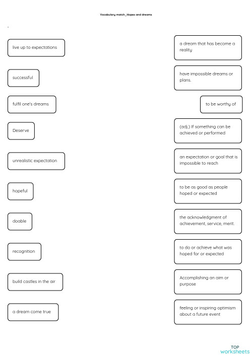 Vocabulary match_Hopes and dreams. Interactive worksheet | TopWorksheets