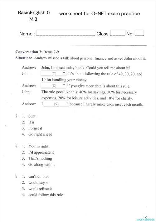 O-Net practice M.3. Interactive worksheet | TopWorksheets