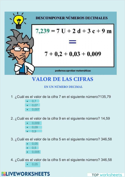 Valor posicional decimales. Ficha interactiva | TopWorksheets