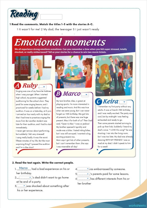 I.3 Reading emotional moments (4th). Interactive worksheet | TopWorksheets