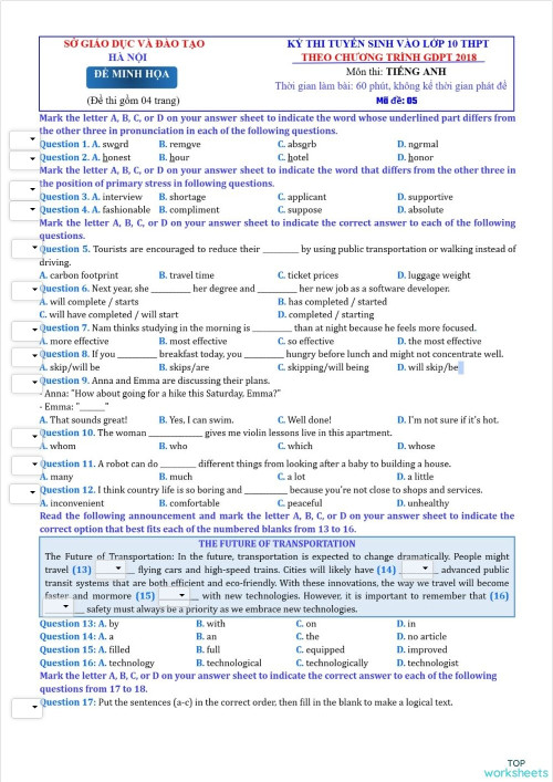 Đề 5 thi thử lên 10 năm 2025. Interactive worksheet | TopWorksheets