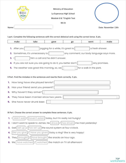 MODULE 6 & 7 TEST - 9TH B (Copia). Interactive worksheet | TopWorksheets
