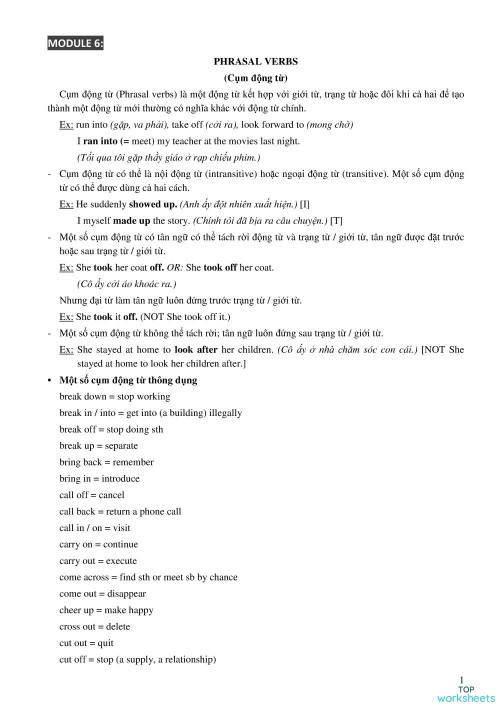 GRADE 9 _ PHRASAL VERBS _ CỤM ĐỘNG TỪ. Interactive worksheet ...