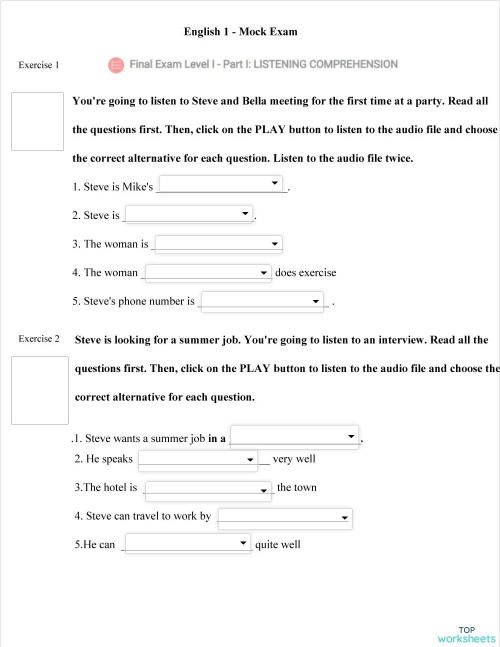 English I - Mock exam. Interactive worksheet | TopWorksheets