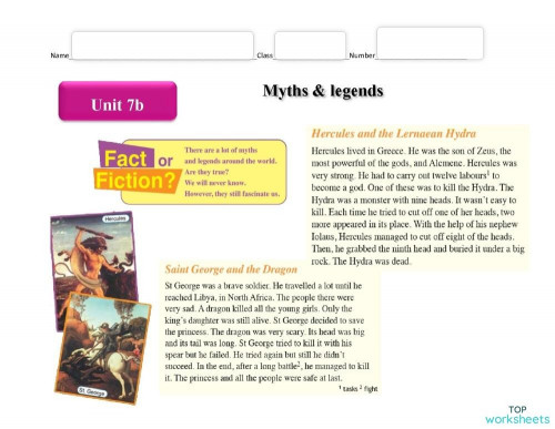 Reading Myths and Legends ใบงานเชิงโต้ตอบ | TopWorksheets