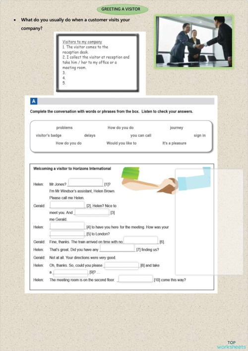 20000-1210 Unit 1 Greeting visitors. Interactive worksheet | TopWorksheets