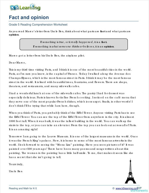 Reading Comprehension: Fact and Opinion. Interactive worksheet ...