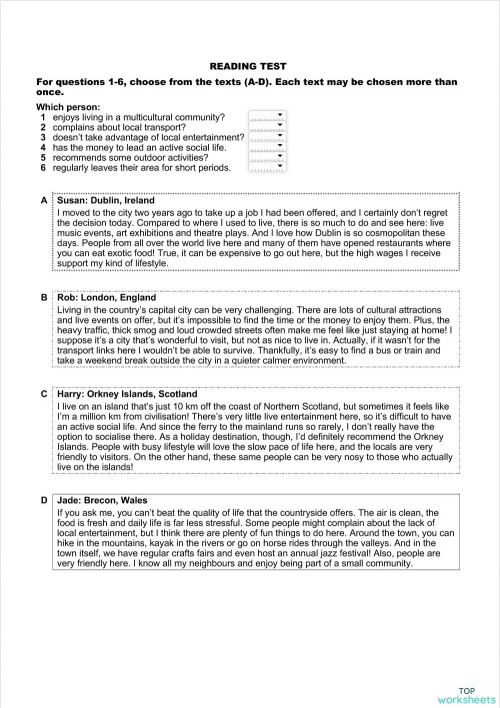 Pre Inter Final Reading Test. Interactive worksheet | TopWorksheets