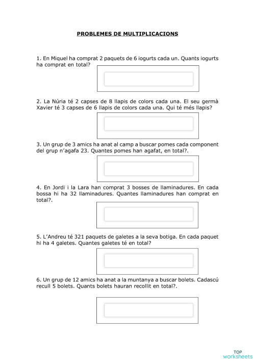 Problemes de multiplicacions. Fitxa interactiva | TopWorksheets