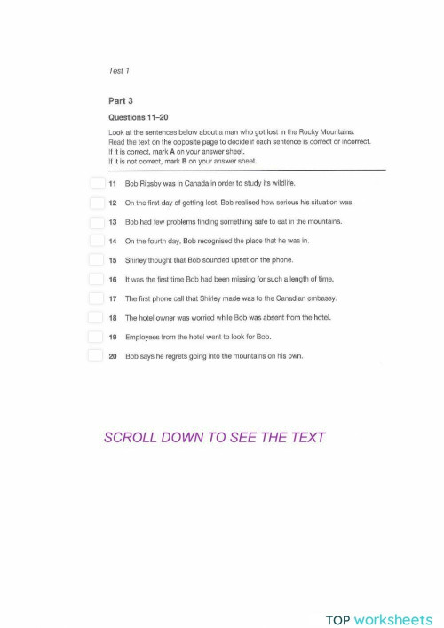 PET Reading part 3 interactive. Interactive worksheet | TopWorksheets