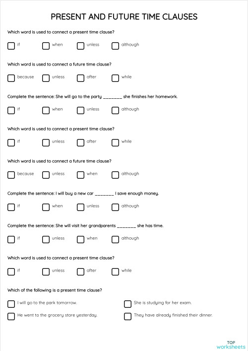 PRESENT AND FUTURE TIME CLAUSES. Interactive worksheet | TopWorksheets