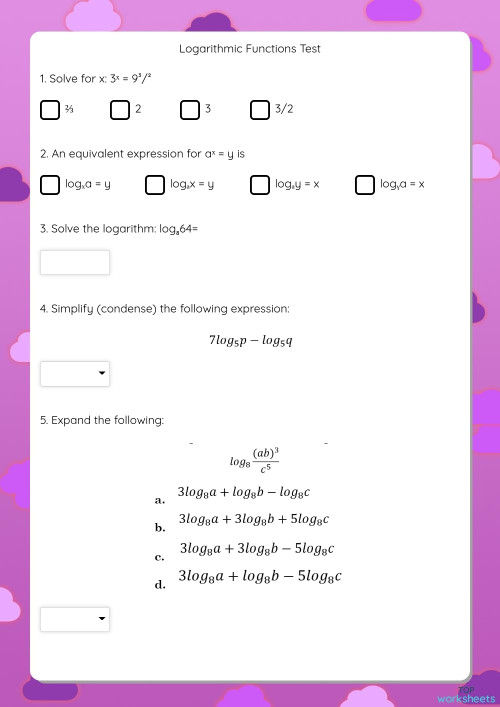 Logarithmic Functions Test Interactive Worksheet Topworksheets