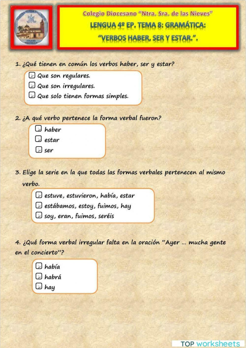 Verbos haber, ser y estar. Ficha interactiva | TopWorksheets