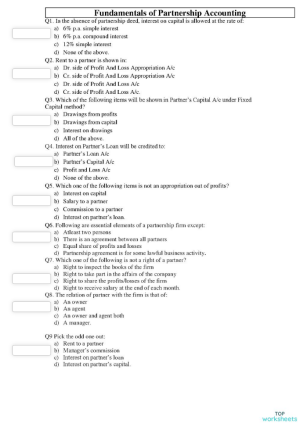 MCQ ON FUNDAMENTALS OF PARTNERSHIP. Interactive worksheet | TopWorksheets