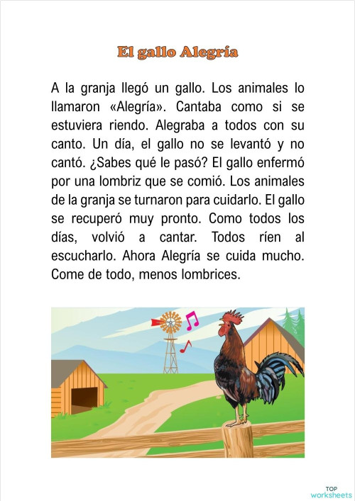 EL GALLO ALEGRIA (Comprension de texto). Ficha interactiva | TopWorksheets