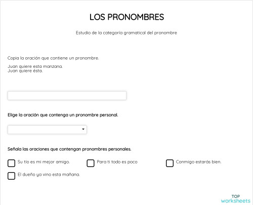 Pronombres: fichas interactivas y ejercicios online | TopWorksheets