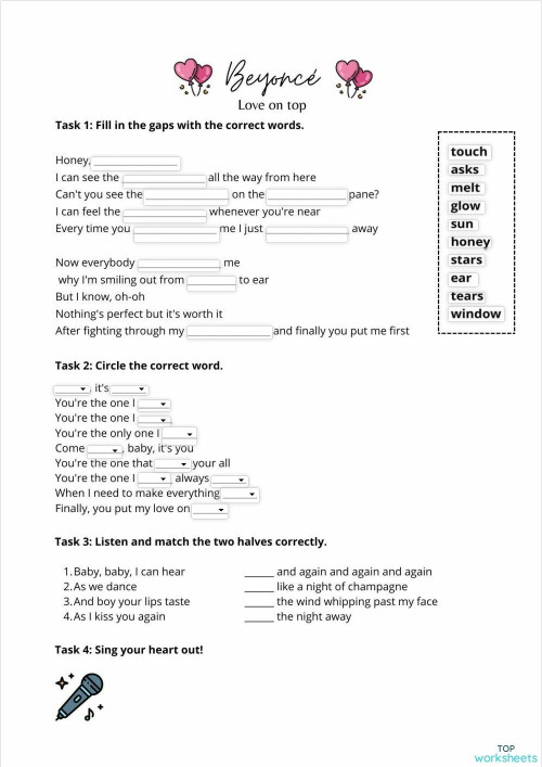 (Topworksheets) Sing your heart out! - Beyoncé. Interactive worksheet ...