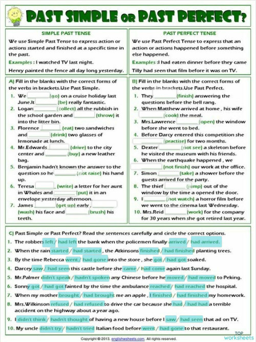 past simple or past perfect?. Ficha interactiva | TopWorksheets