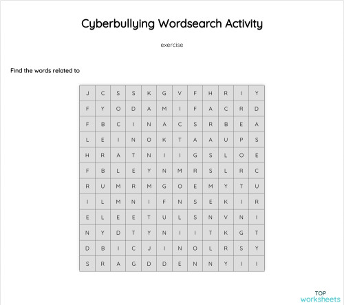 Cyberbullying Wordsearch Activity. Interactive worksheet | TopWorksheets