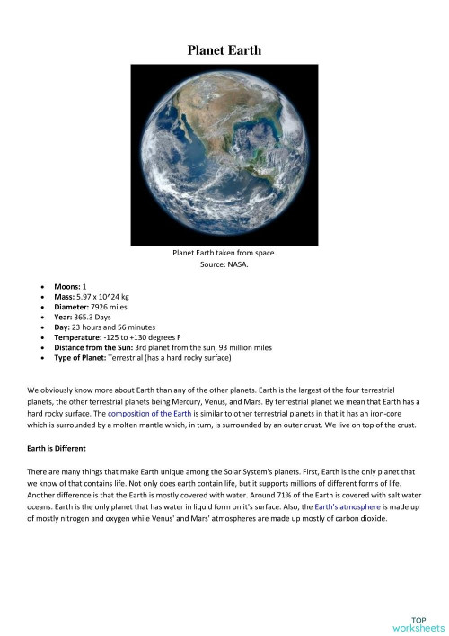 FACTS ABOUT THE EARTH. Interactive worksheet | TopWorksheets