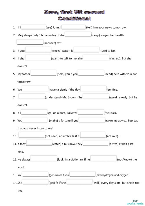 Zero , first and second conditional. Scheda interattiva | TopWorksheets