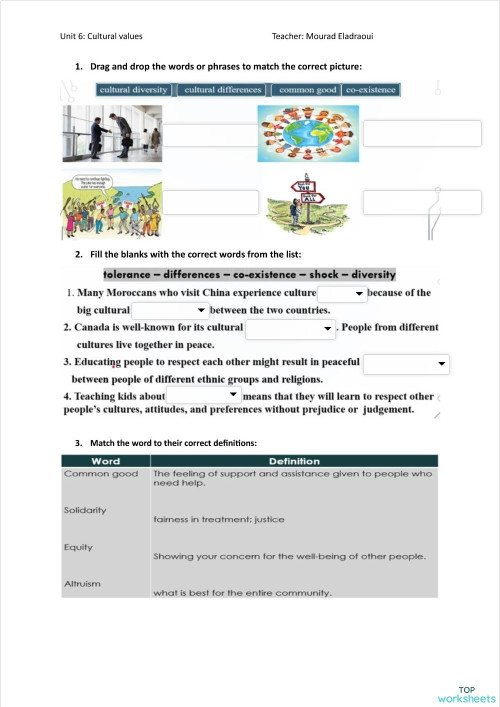 Review of vocabulary: Cultural issues. Interactive worksheet ...