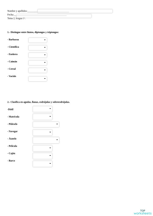 Diptongos e hiatos: fichas interactivas y ejercicios online | TopWorksheets