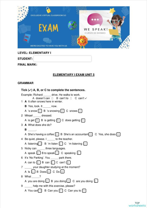 Quick exam unit 5. Interactive worksheet | TopWorksheets
