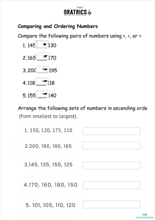 Comparing aanf Ordering Numbers 111. Interactive worksheet | TopWorksheets