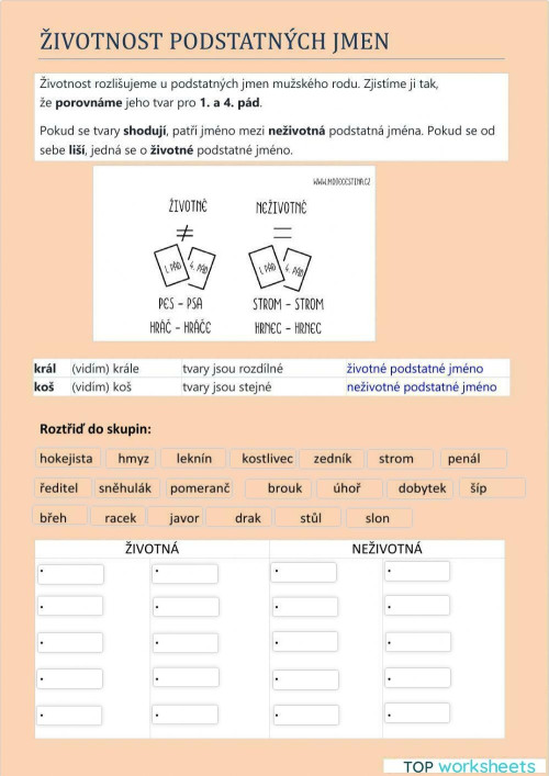 Životnost podstatných jmen. Interaktivní pracovní list | TopWorksheets