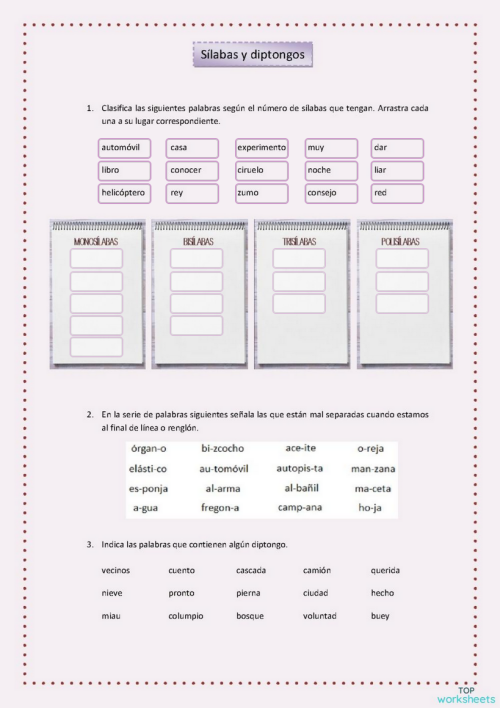 Sílabas y diptongos. Ficha interactiva | TopWorksheets