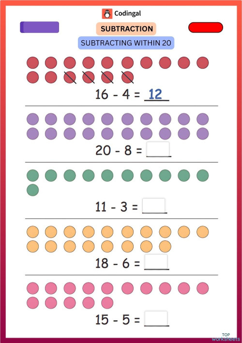 M_G01M07L17_WC02_Basic_Subtraction_(Within_20)_2. Interactive worksheet | TopWorksheets